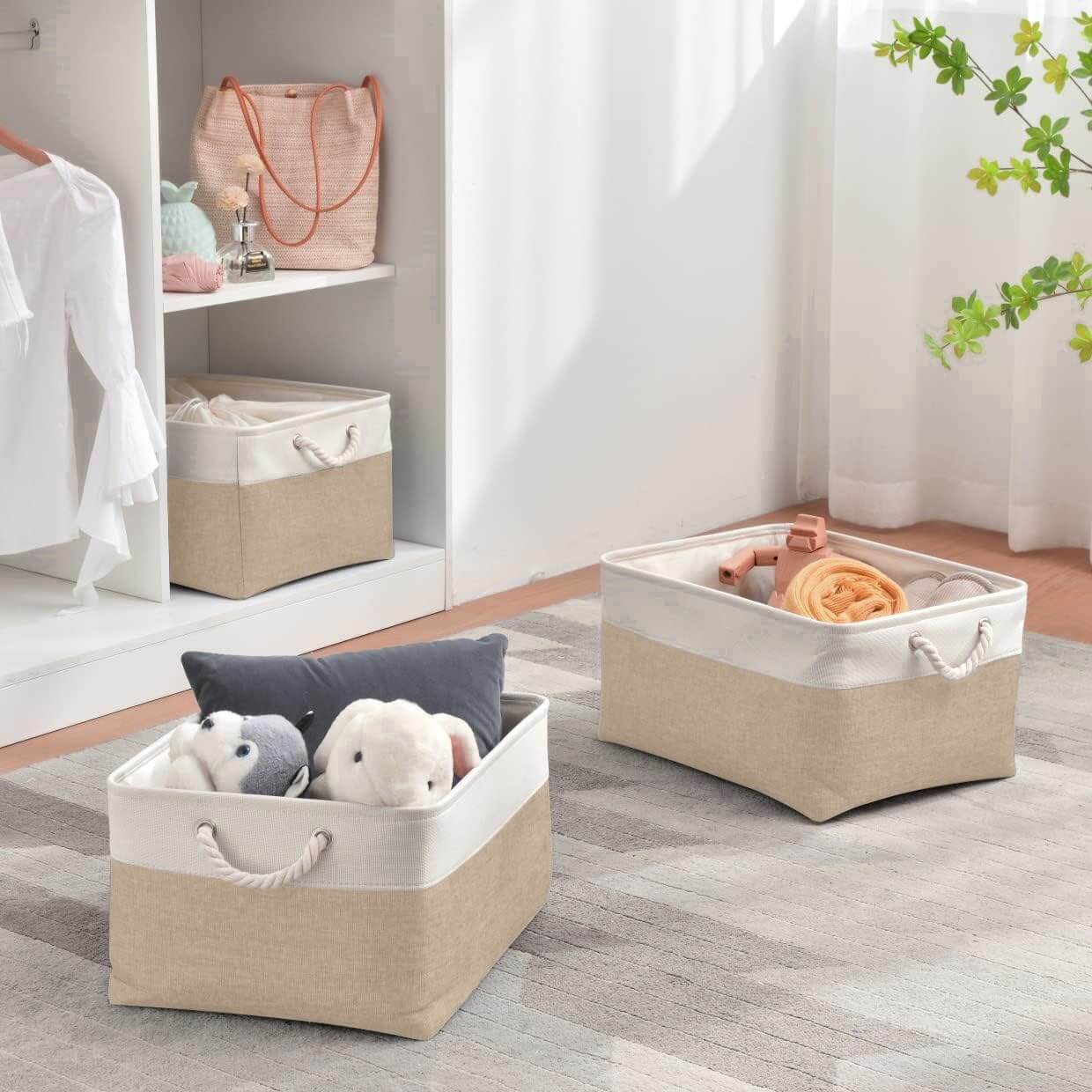White Khaki Storage Baskets With Rope Handles For Wardrobe – Mangata