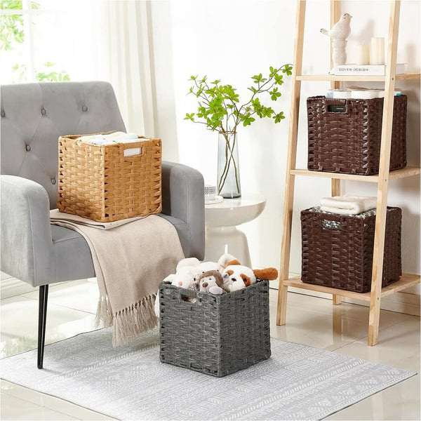 Ash Grey Wicker Storage Cube Boxes | Waterproof Rattan Effect Closet ...