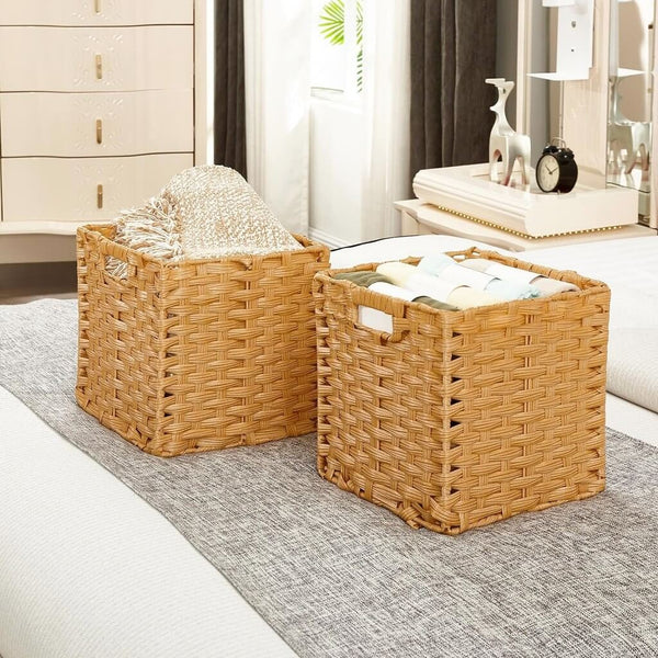 28cm Hand-Woven Polyrattan Storage Cube Boxes Popcorn Beige – Mangata