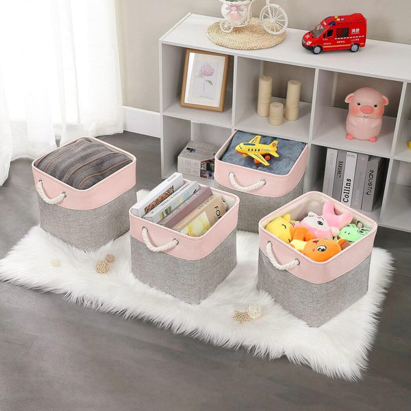 Foldable Fabric Cube Storage Boxes with Rope Handles- Grey Pink – Mangata