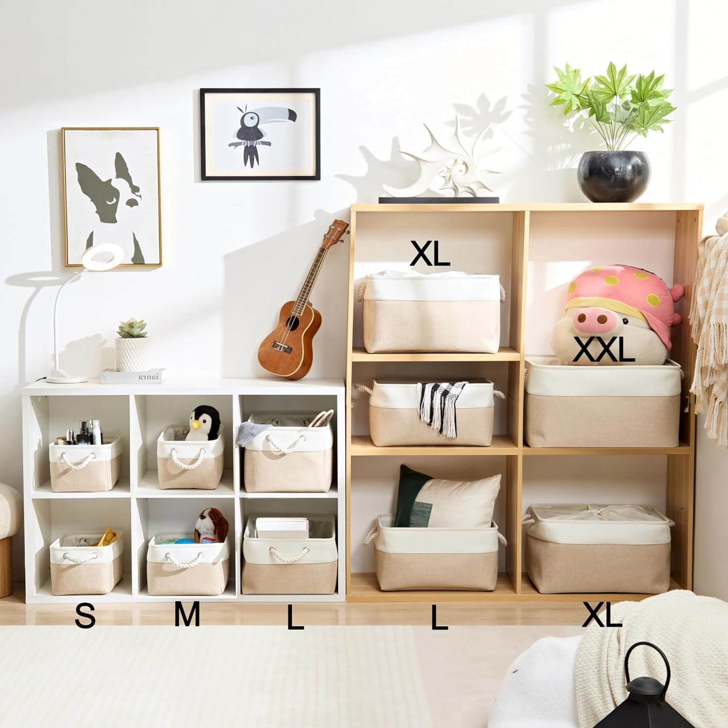 White Khaki Storage Baskets With Rope Handles For Wardrobe – Mangata