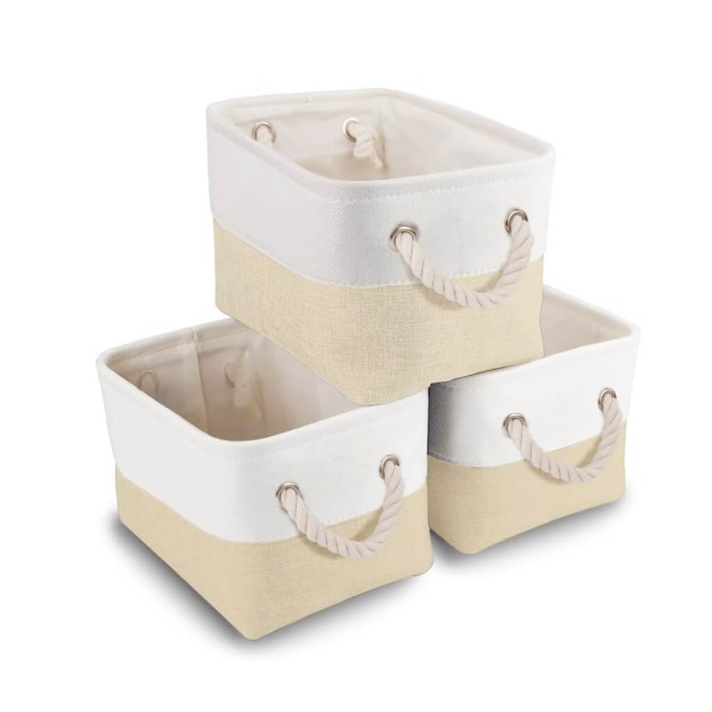 White Khaki Storage Baskets With Rope Handles For Wardrobe – Mangata