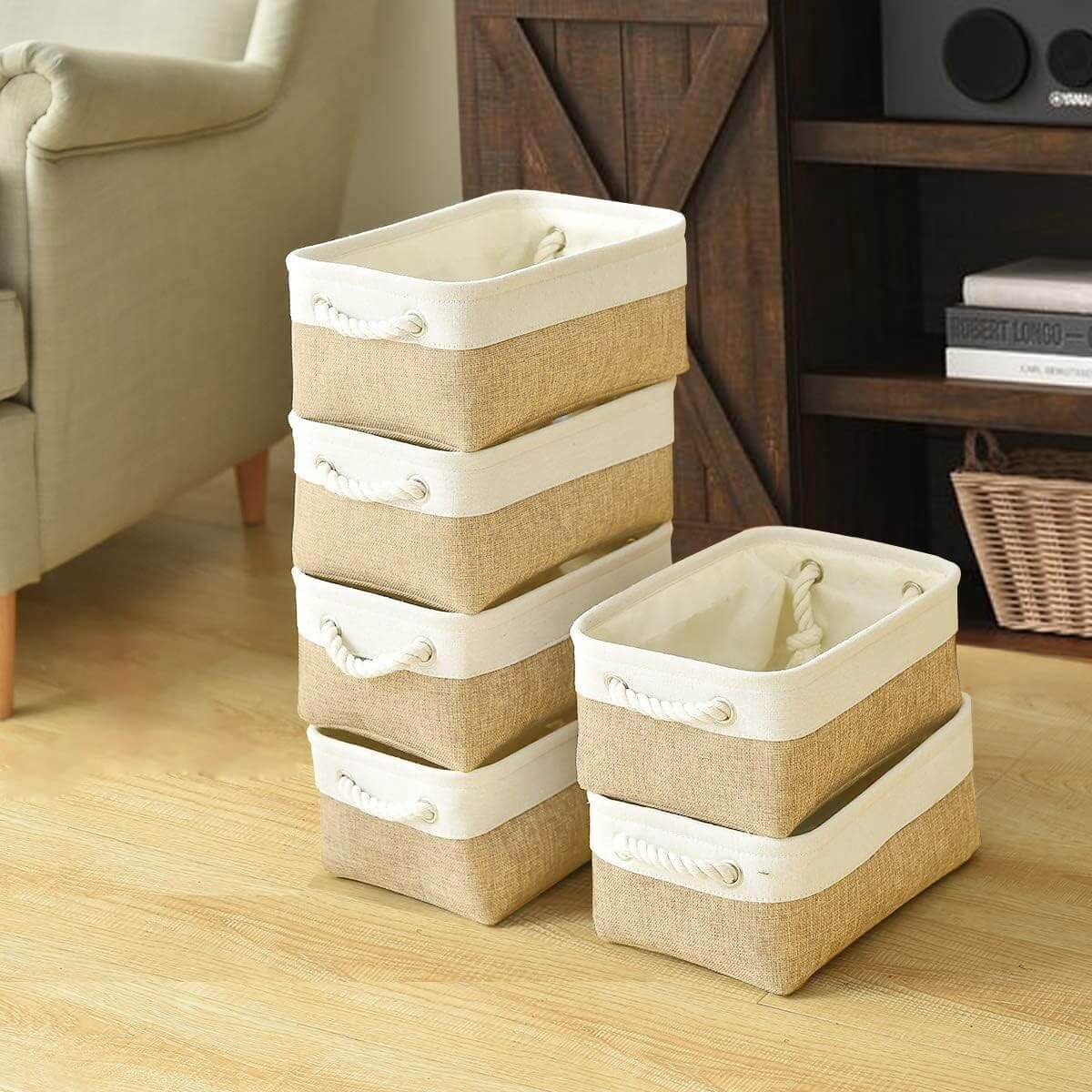 White Khaki Storage Baskets With Rope Handles For Wardrobe – Mangata