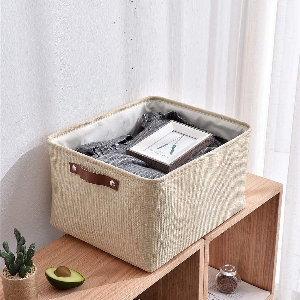 Collapsible Beige Storage Box with Leather Handle – Mangata