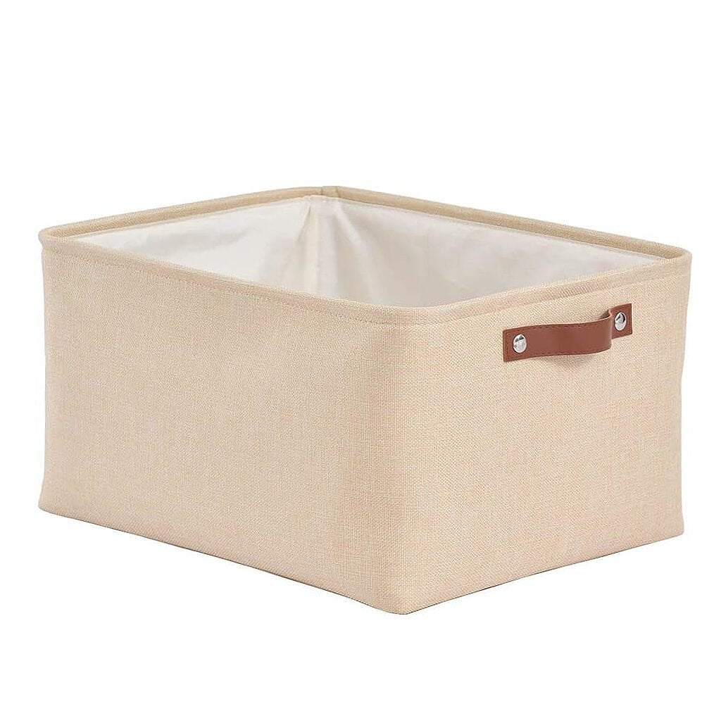 Collapsible Beige Storage Box with Leather Handle – Mangata