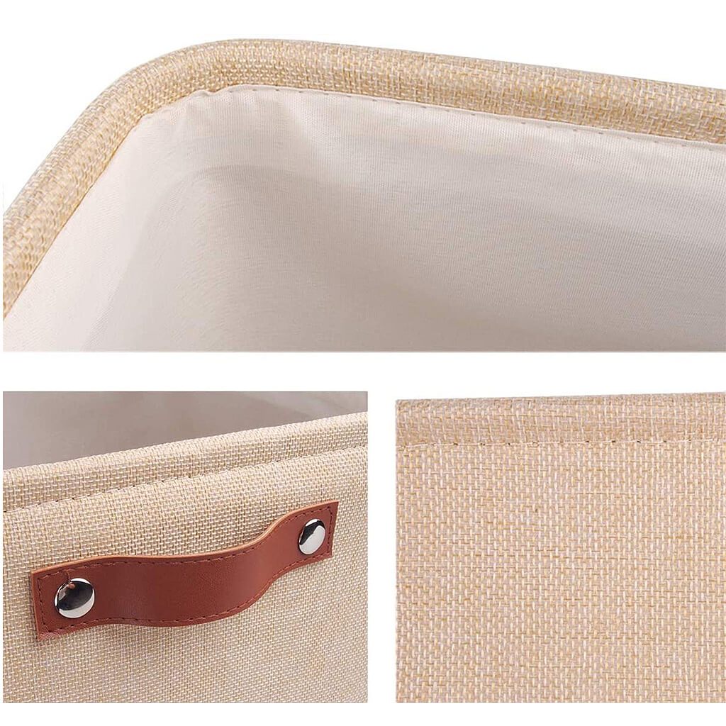 Collapsible Beige Storage Box with Leather Handle – Mangata