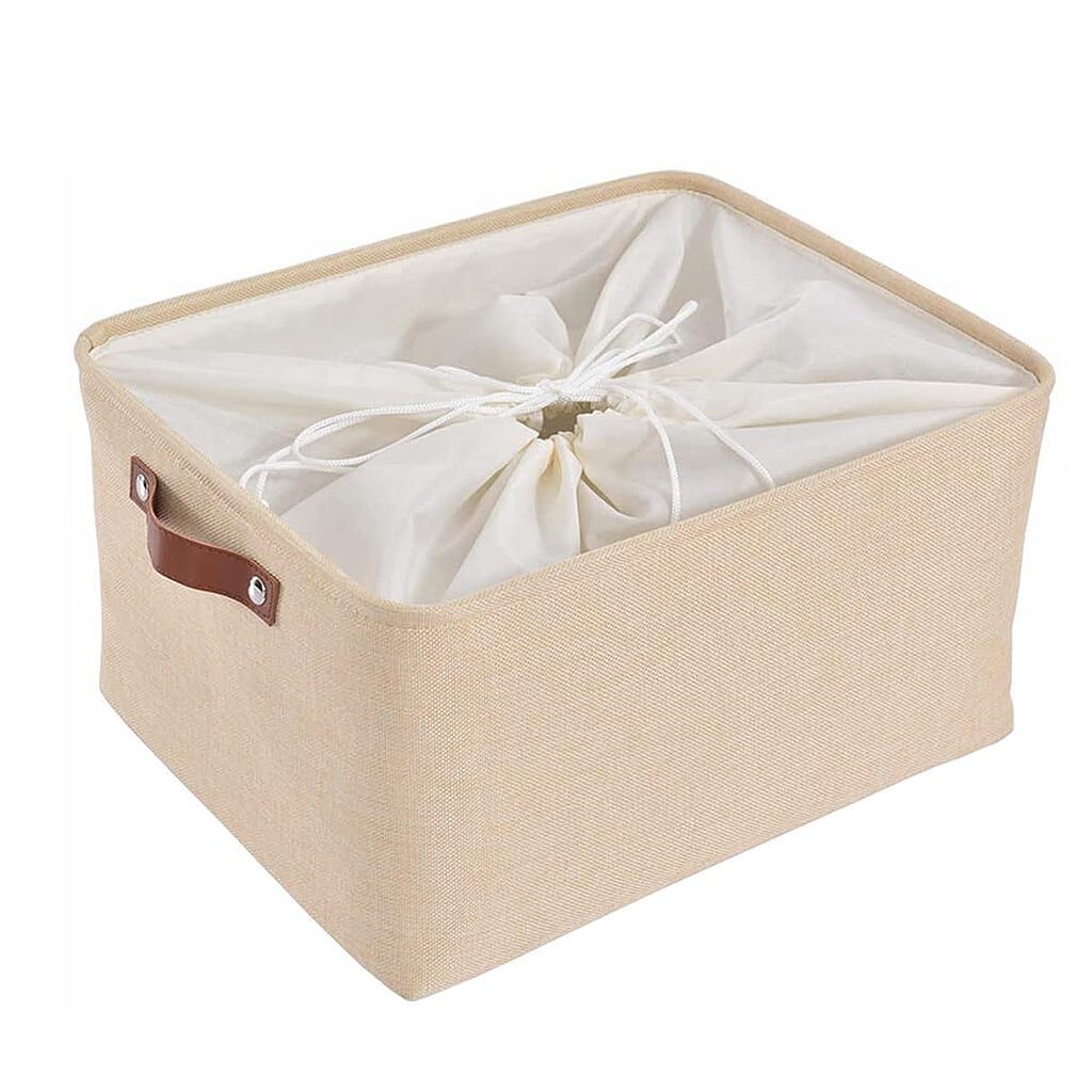 Collapsible Beige Storage Box with Leather Handle – Mangata