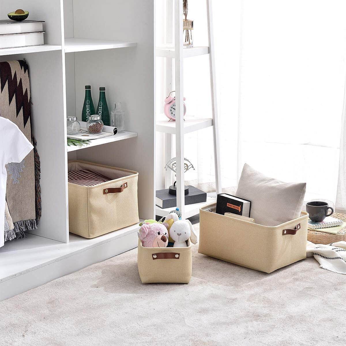 Collapsible Beige Storage Box with Leather Handle – Mangata