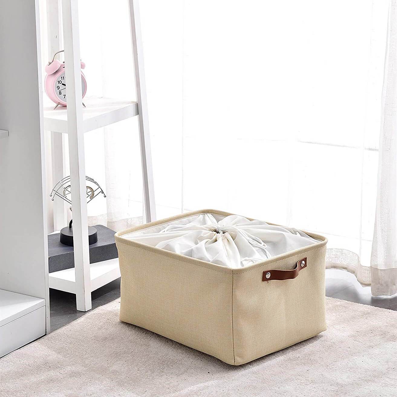 Collapsible Beige Storage Box with Leather Handle – Mangata